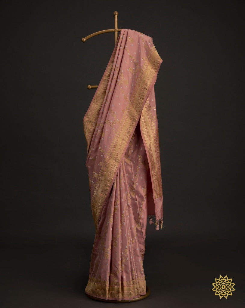 Ektara Katan Silk Jaal Saree in Old Rose Pink with Sona Rupa Zari ...
